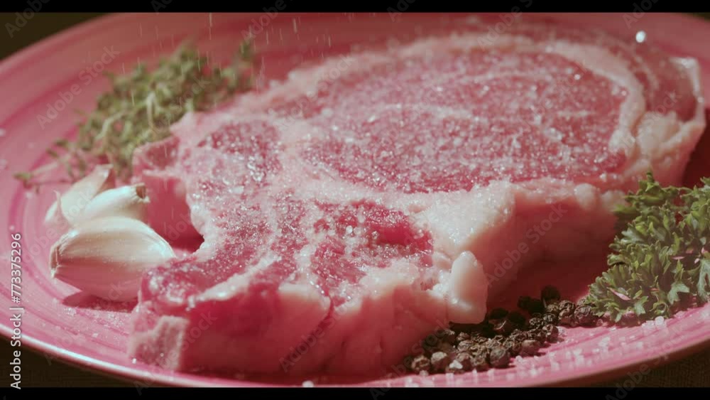Salt meat. Pieces of pork or beef meat, close up. Marbled meat texture ...