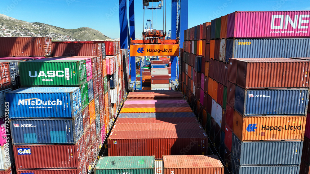 Aerial drone photo of ONE Manhattan container being loaded in ...