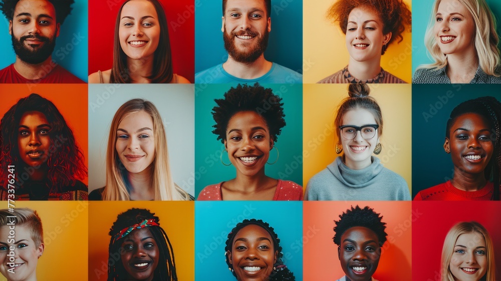 Cropped portraits of different people on multicolored background ...