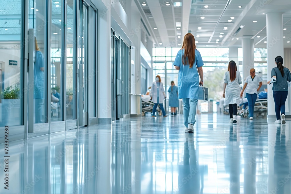 Dynamic medical professionals at work in a bustling hospital ...
