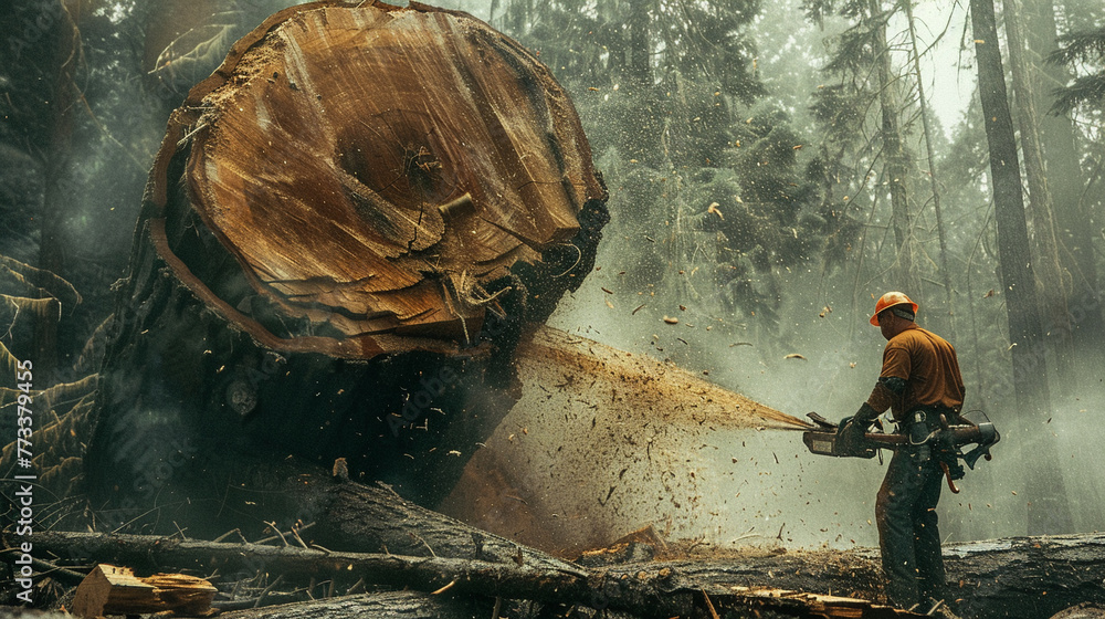 Visualize a logger in the process of felling a towering tree, with the ...