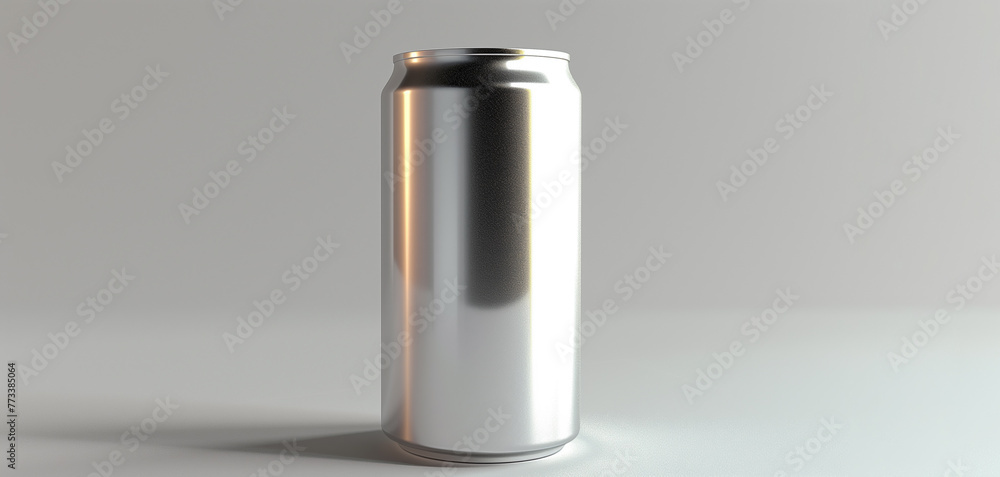 Silver Aluminum Can against a light grey background. The can stands ...