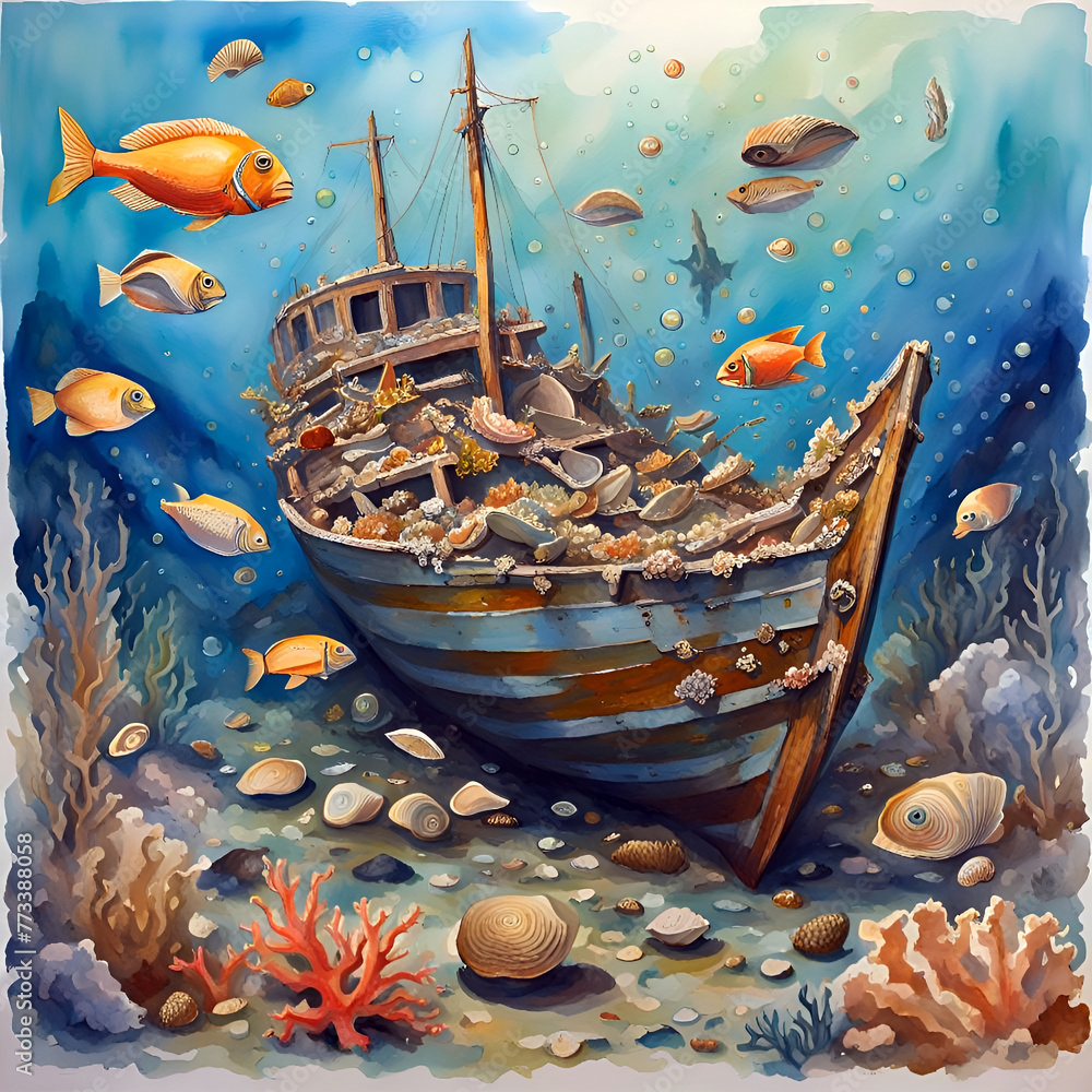 The ancient boat remains with a wooden keel, sunk in the calm blue sea ...