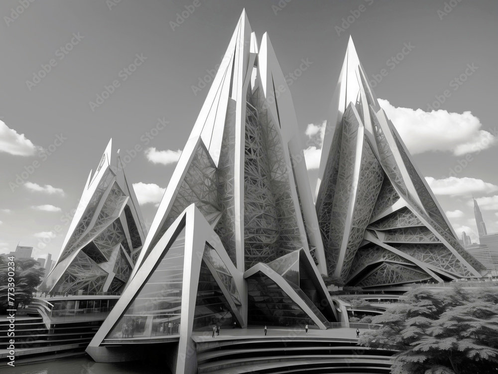Complejo de edificios futuristas con estructura de picos triangulares ...