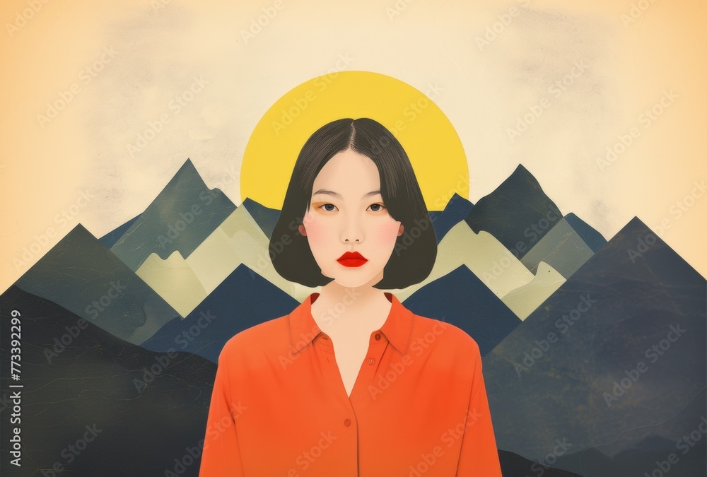 Asian woman illustration 2D poster design with geometric mountain and ...