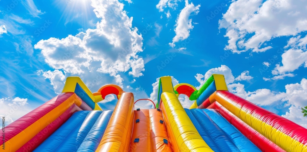 Inflatable bouncy castle on a blue sky background with clouds, an ...