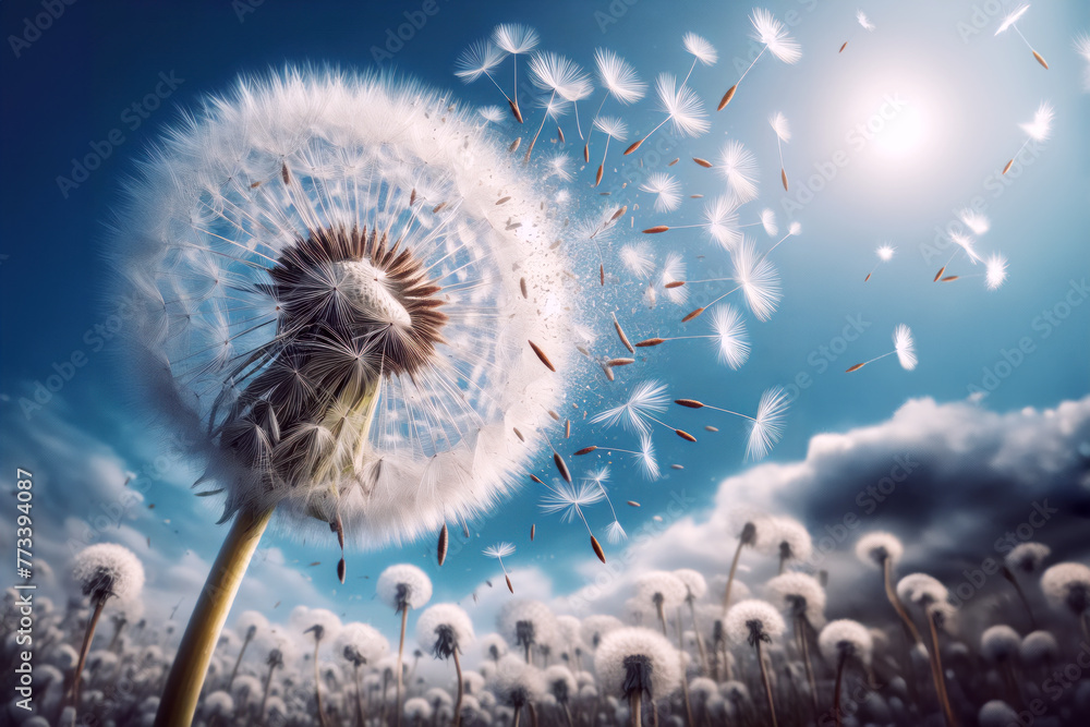 Dandelion seeds blowing in the wind across a dandelion field background ...