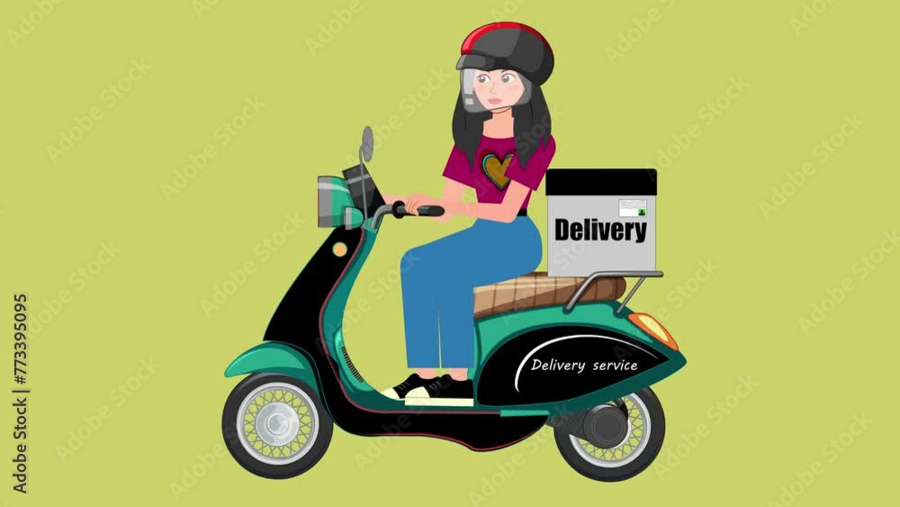 Delivery girl riding on green screen, riding movement, delivery girl ...