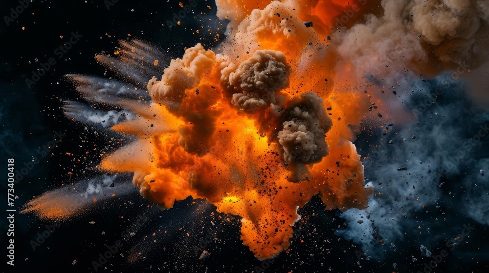 Fiery explosions with smoke and debris isolated on black background ...