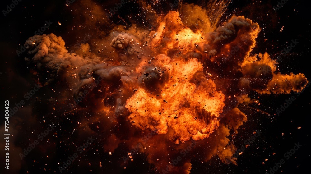 Fiery explosions with smoke and debris isolated on black background ...