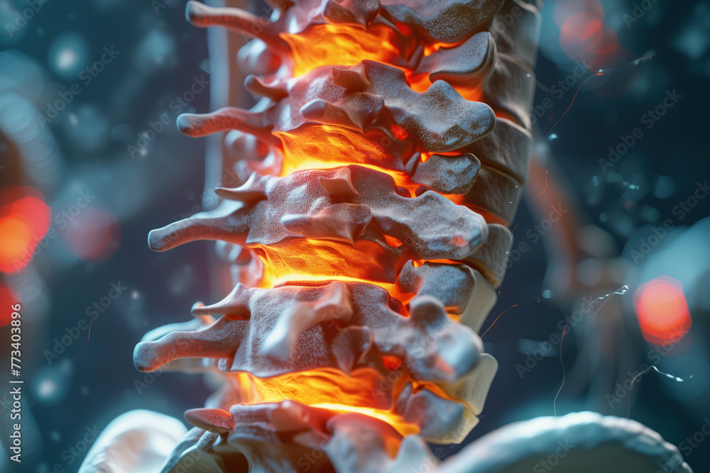 Detailed anatomy illustration of an inflamed lumbar spine showing ...