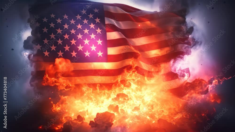 Vidéo Stock American flag burning in flames and smoke on dark ...