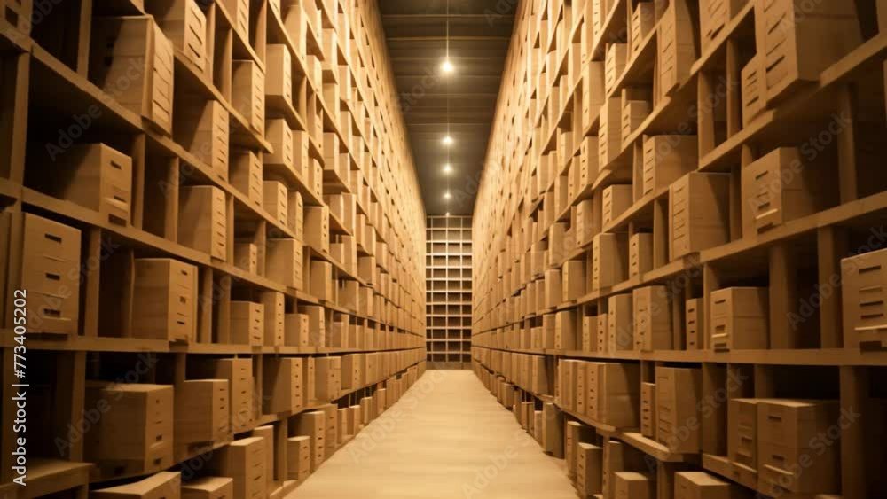 3D rendering of a warehouse with rows of wooden boxes in a row ...