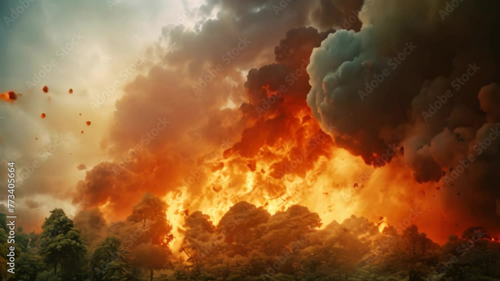 Forest fire with smoke and flames on dark sky background. Natural ...