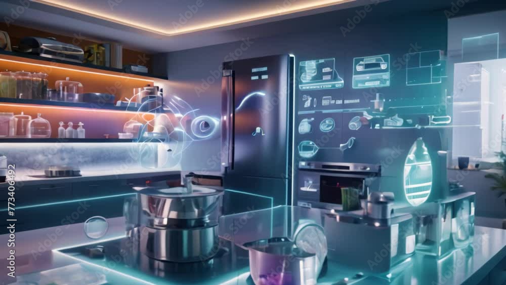 Black modern kitchen interior with a black cupboard, a laptop and a ...