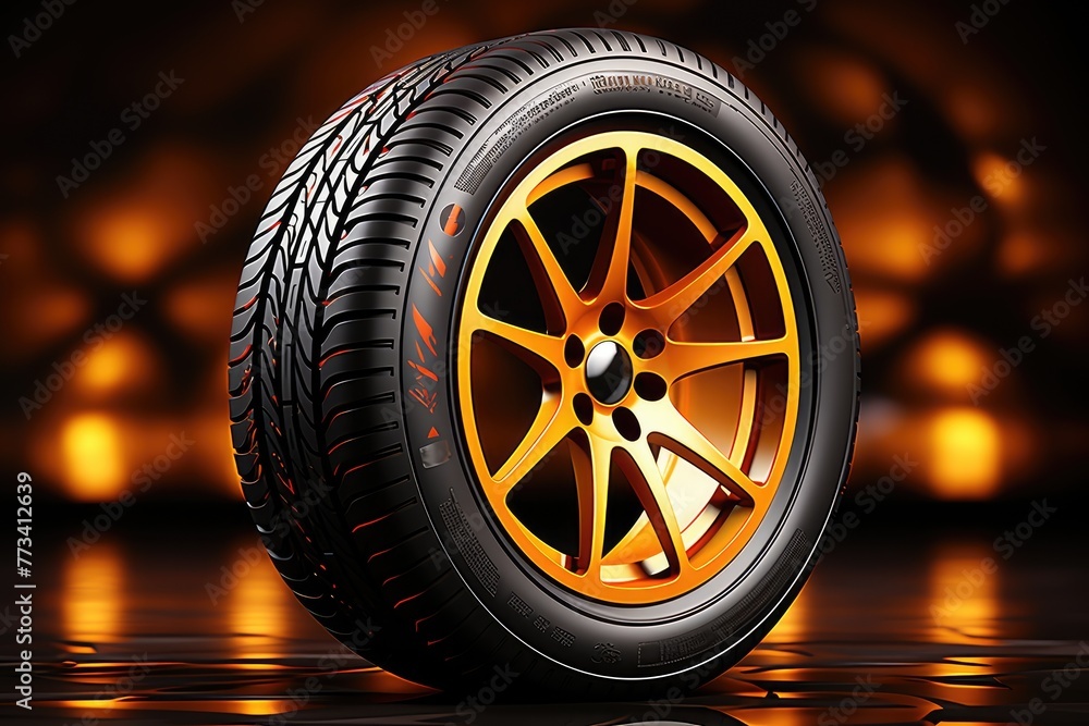 Shiny alloy wheel with new black tire isolated on orange background ...