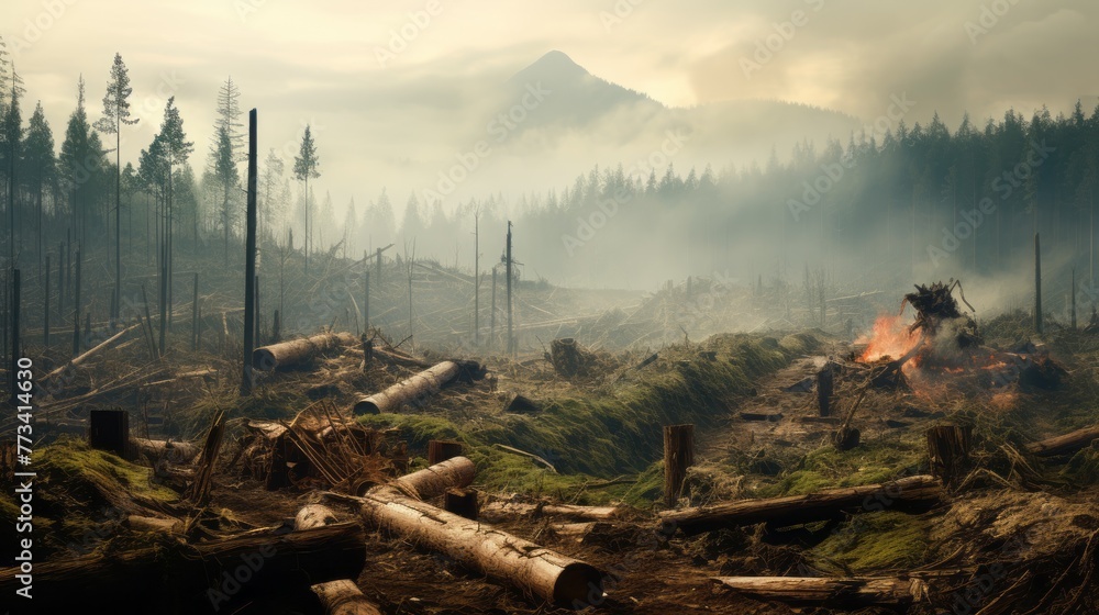 The cut down forest. Deforestation for arable land. felled tree trunks ...