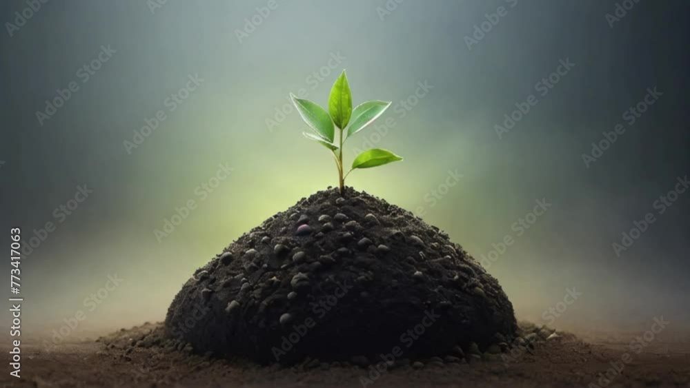 Growing plant from an earth mound on a gradient misty background ...