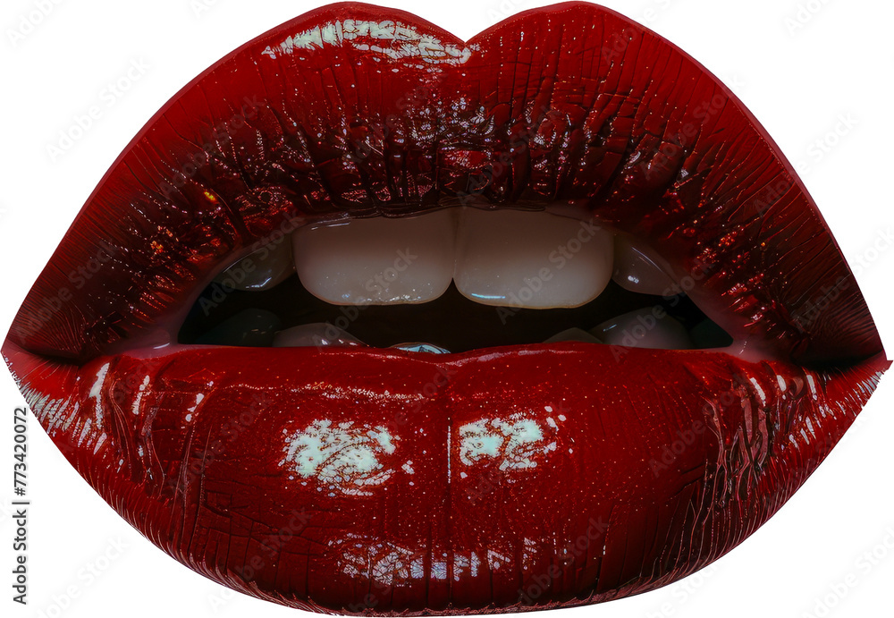 Sensual red lips close-up with matte lipstick cut out on transparent ...