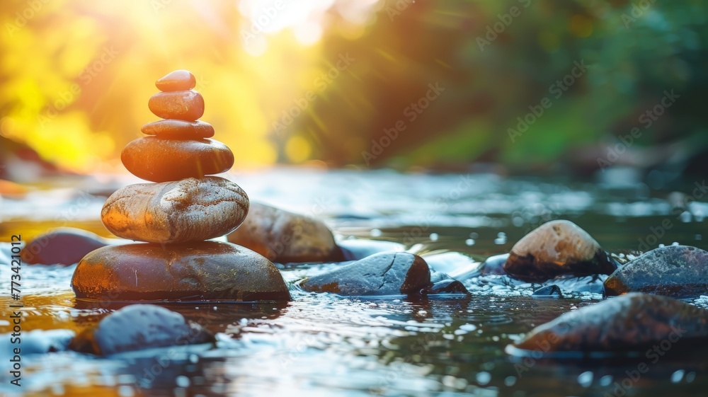 A stack of rocks placed on top of a flowing river, creating a unique ...