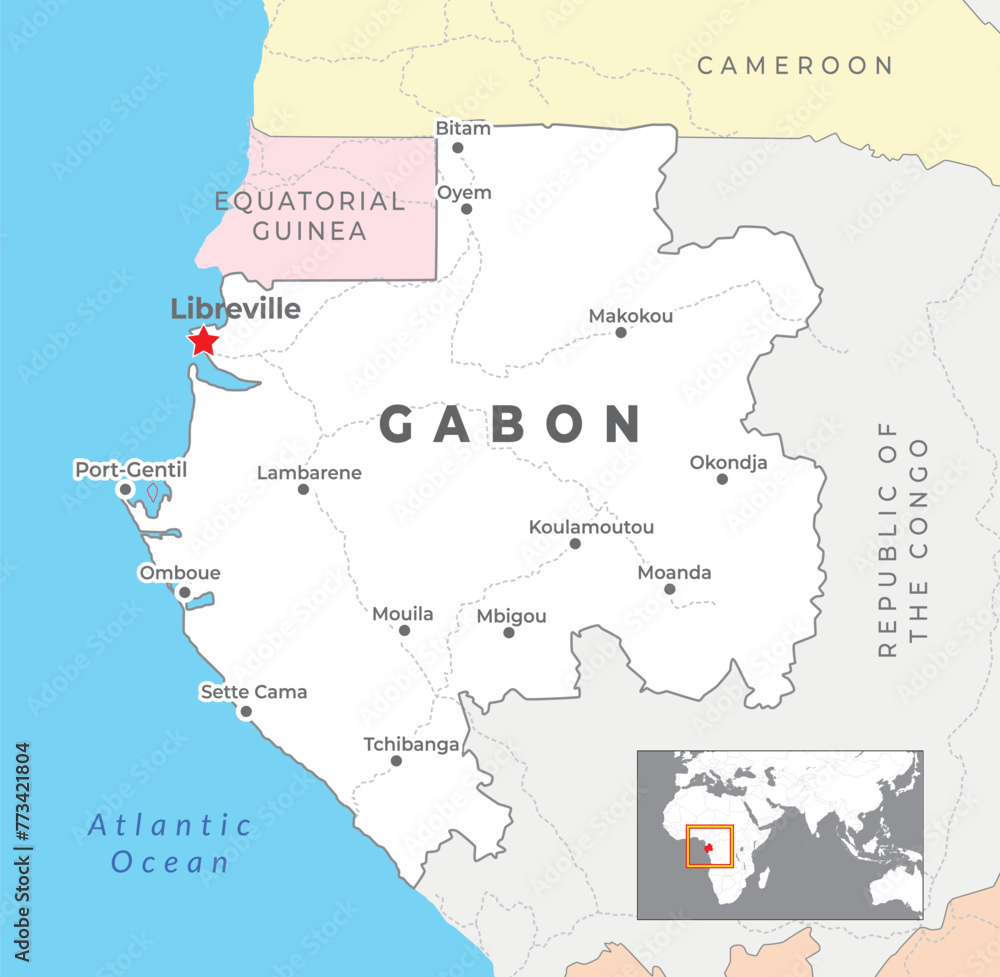 Gabon Political Map with capital Libreville, most important cities with ...