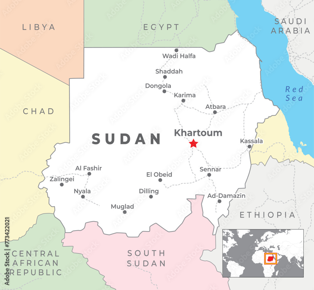 Sudan Political Map with capital Khartoum, most important cities with ...