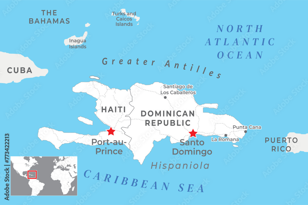 Haiti and Dominican Republic Political Map with capitals and national borders Stock Vector ...
