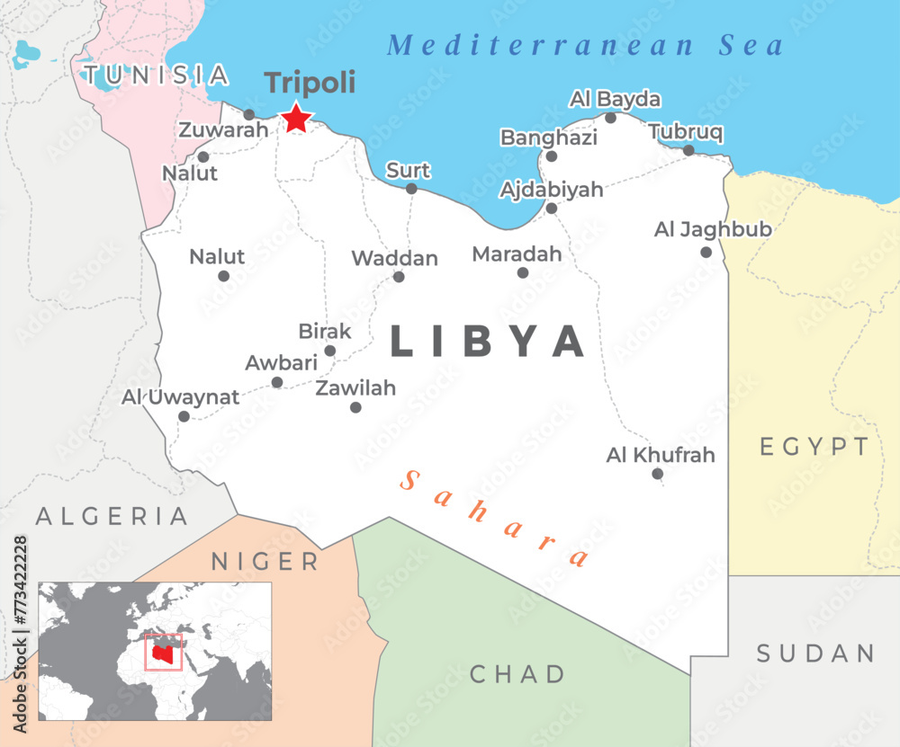 Libya Political Map with capital Tripoli, most important cities with ...