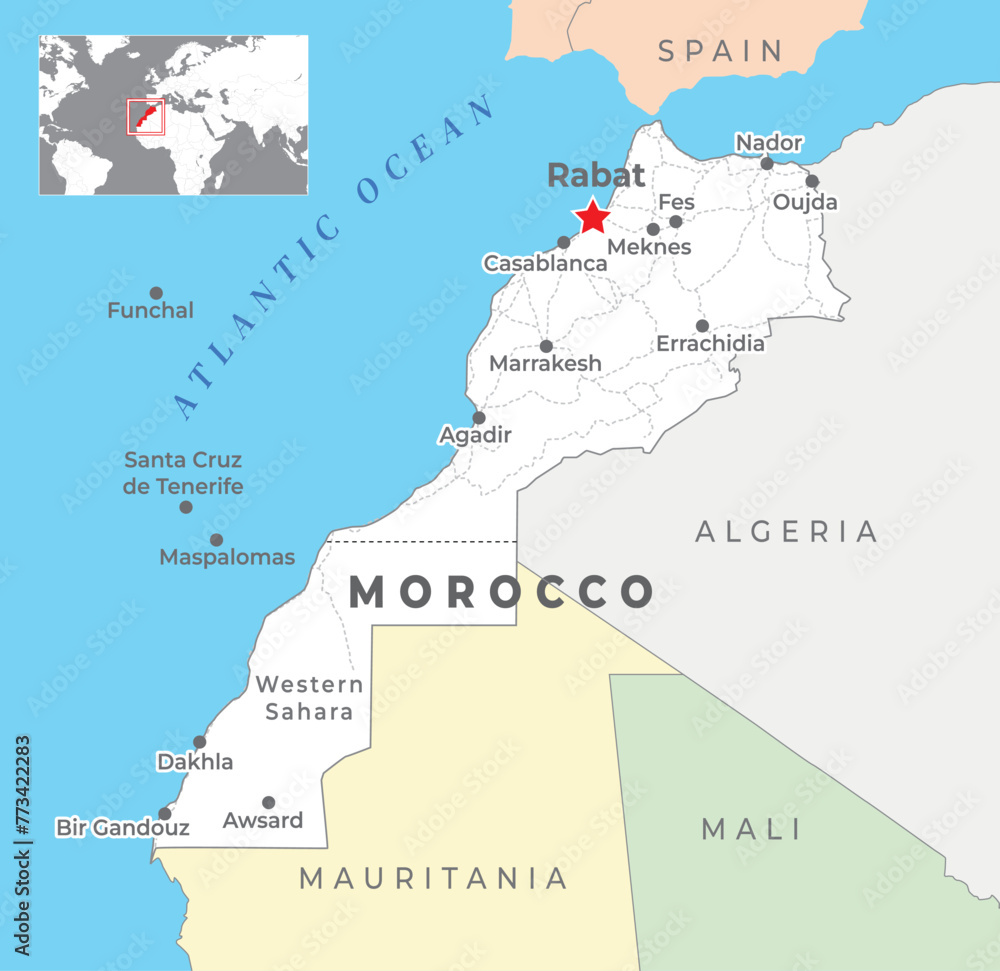 Morocco Political Map with capital Rabat, most important cities with ...