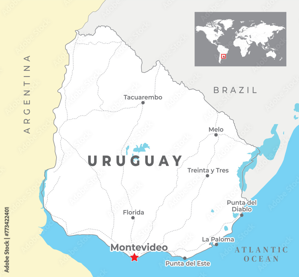 Uruguay Political Map with capital Montevideo, most important cities ...