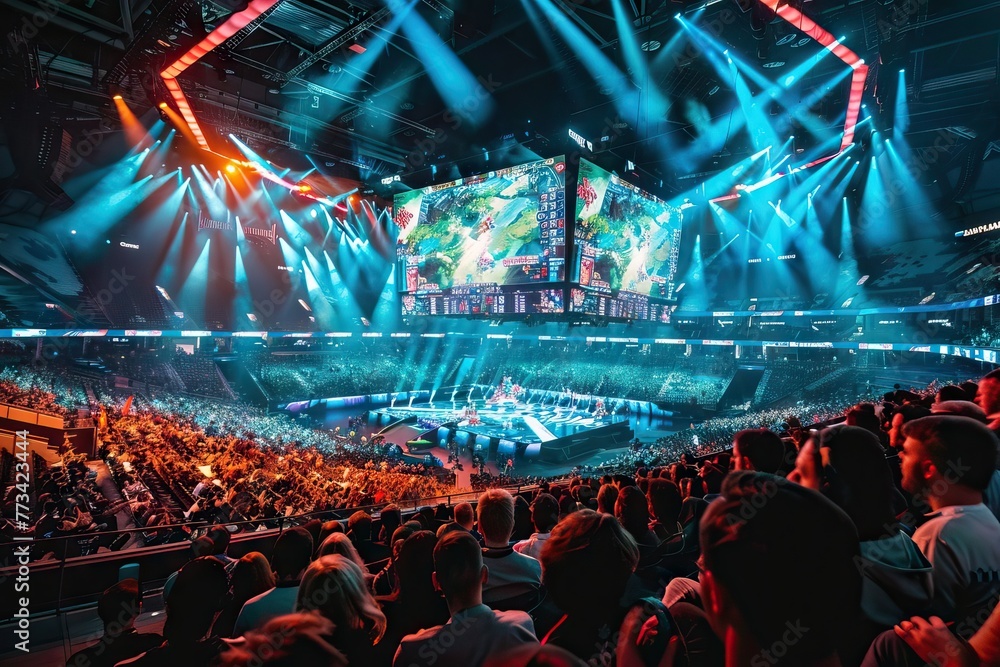 Abstract blurred background of big esports gaming event at big arena ...