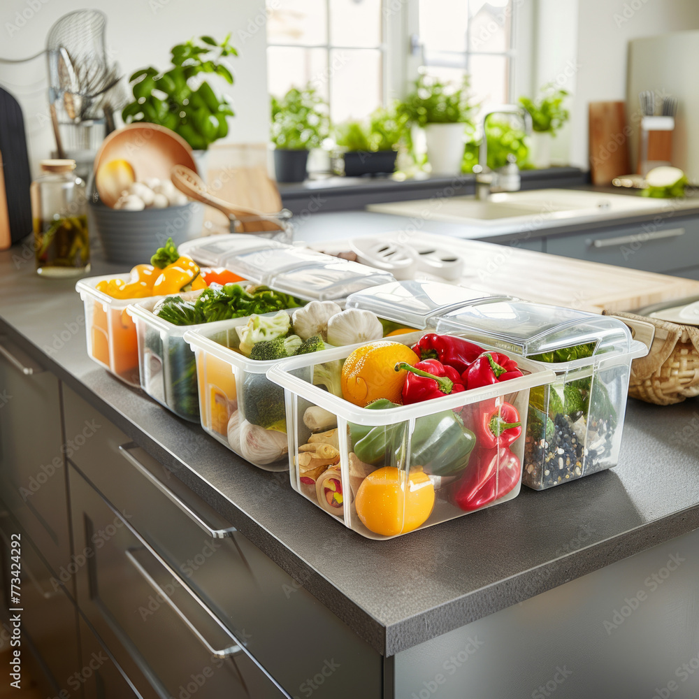 Photograph of a sleek, modern kitchen featuring separate bins for waste ...