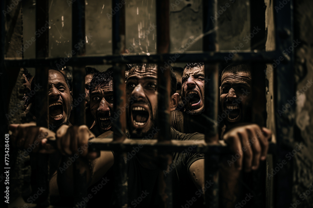 Showcasing a small group of prisoners screaming inside the ancient ...