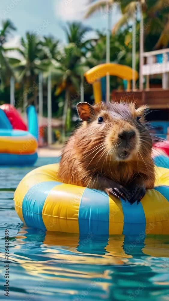 Vertical video of capybara swinging on inflatable ring in coastal water ...