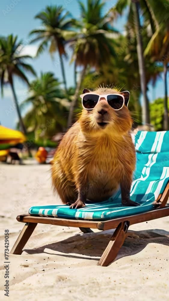 Vertical video of capybara in sunglasses sitting on sun lounger at ...