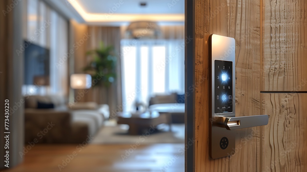 Digital door lock installed on wood door for security and access the ...