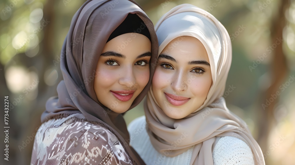 Portrait of Two Women Embracing, Smiling in Hijabs. Cultural Diversity ...