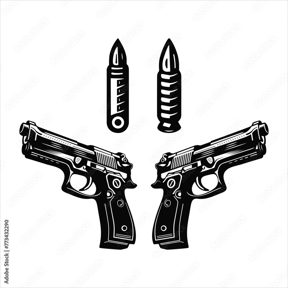 Pistols and revolver silhouette. Black and white detailed silhouette ...