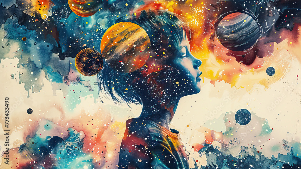 child Astronaut imagining space in mind merged brain with watercolor ...