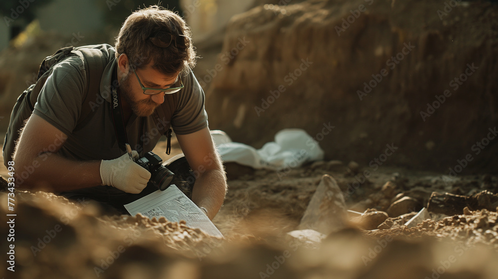 A photo of a journalist in the midst of an archaeological dig, dust ...