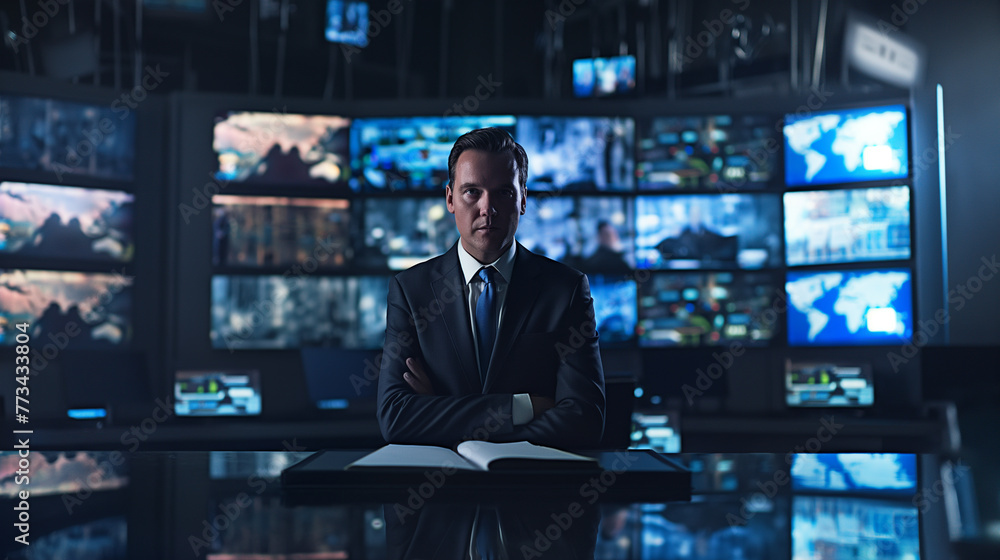 An anchor delivering the evening news with a backdrop of multiple ...