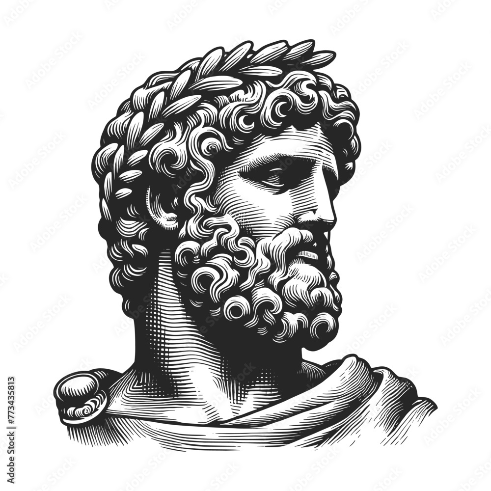 classical Greek statue philosopher laurel wreath, framed by a Greek key ...