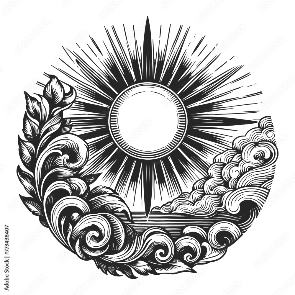 sun with radiating beams and clouds sketch engraving generative ai ...