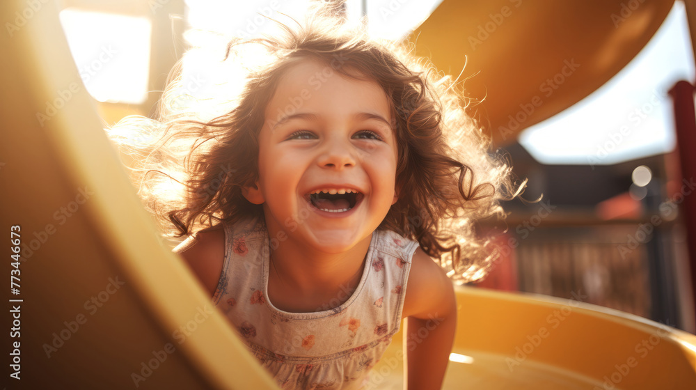 Happy kid girl sliding down a playground slide. Concept of childhood ...