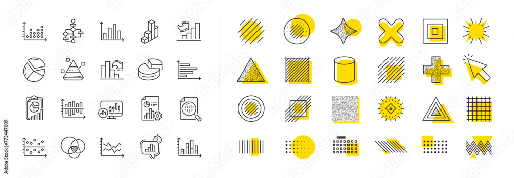 Report, 3D Chart, Block diagram and Dot Plot graph linear icons. Design ...