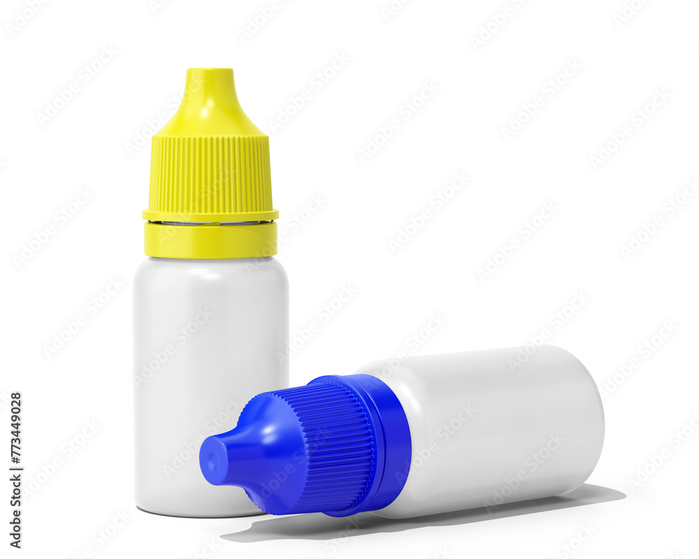 Blank white plastic clear eye dropper bottle with colored cap isolated ...