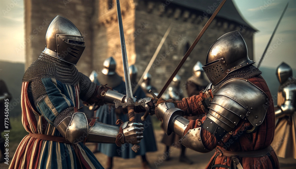 Two knights in shining armor locked in battle with crossed swords. The armor reflects medieval ...