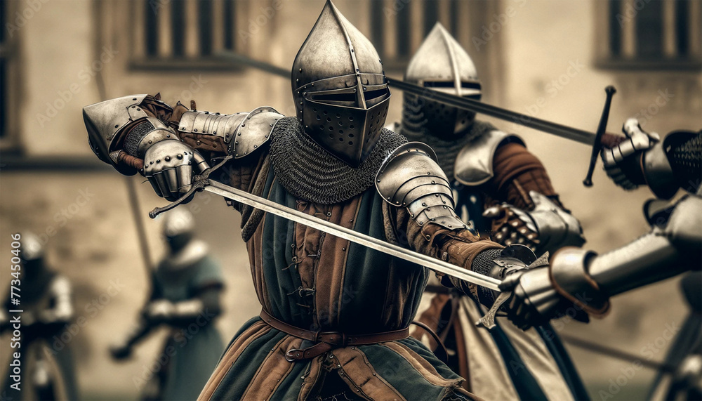 Two knights in shining armor locked in battle with crossed swords. The armor reflects medieval ...