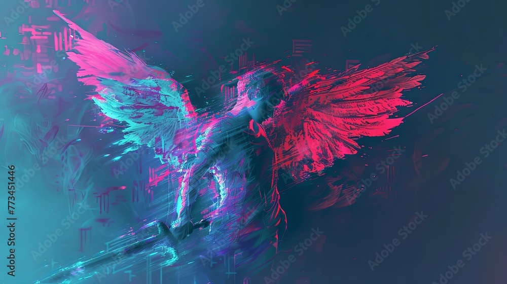 A fallen angel with outstretched wings and a sword in his hand. A ...