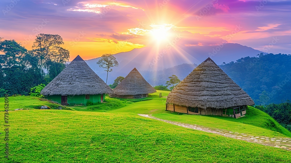 An ancient village of cone-shaped thatched houses against a backdrop of ...